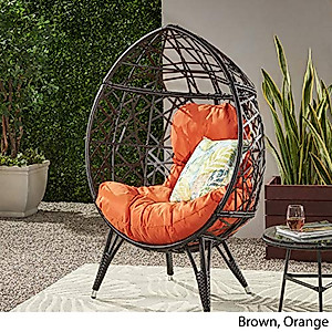 Great Deal Furniture Doris Outdoor Wicker Teardrop Chair with Cushion, Brown and Orange