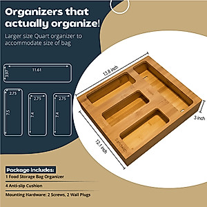 Bamboo Ziplock Bag Organizer for Drawer with Larger Quarts Slots, Easy to use Ziploc Bag Organizer, Ziplock Bag Storage Organizer and Baggie Organizer Compatible with Gallon, Quart, Sandwich, Snack