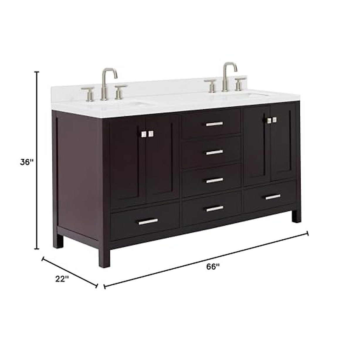 ARIEL Cambridge 66" Espresso Double Vanity, 1.5" Edge Carrara White Quartz Countertop & Splash, Rectangular Sinks, 4 Soft Closing Doors, 6 Full Extension Dovetail Drawers, Brushed Nickel