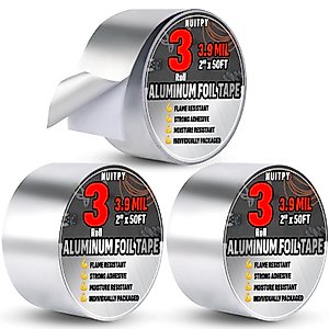 NUITPY 3 Pack Aluminum Foil Tape, 3.9 mil 2" x 150 Feet Total Foil Tape, Silver High Temperature Tape, Metal Tape, Seal HVAC Tape, Insulation Foil Tape for Ductwork, HVAC, Dryer Vent, Seal