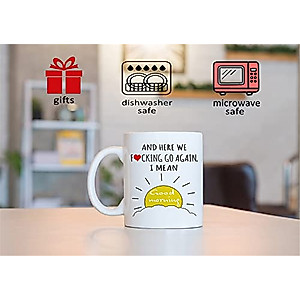 Qsavet Here We Fucking Go Again I Mean Good Morning Coffee Mug, Funny Birthday Christmas Gifts For Mom Dad, Sarcastic Gag Presents, 11oz Novelty Tea Cup White for Her, Women, Men, Friend, Boss