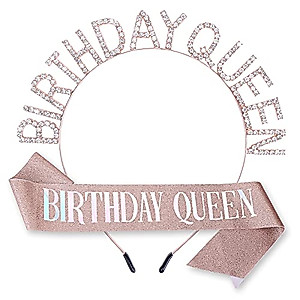 WLLHYF Birthday Queen Sash Crystal Headband Set Rhinestone Tiara Bling Glitter Crowns Hair Band Princess Tiara Sweet Happy Birthday Decorations Accessories for Women Girls