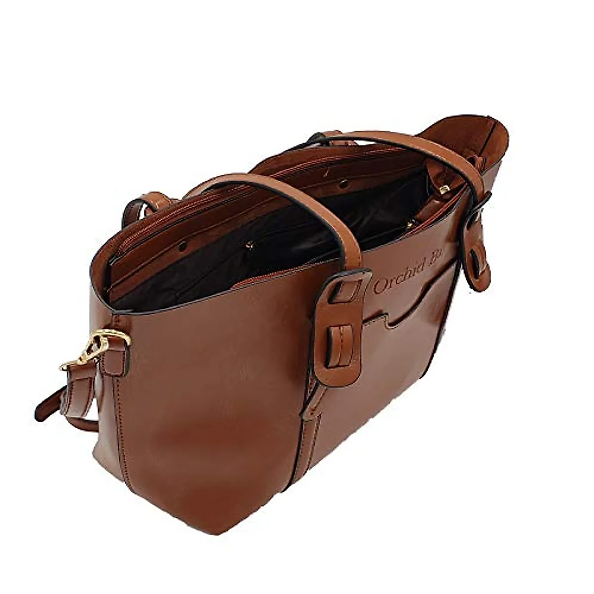 Orchid Bay - Women’s Vegan Leather Bucket Hobo Bag, Crossbody Purse, Top Handles and Shoulder Satchel, with Zipper. (Brown)