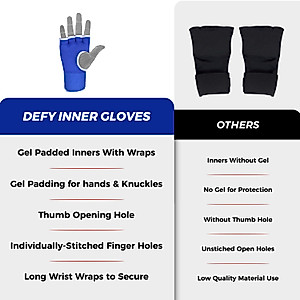 DEFY Padded Inner Gloves Quick 75cm long strap – Inner boxing gloves Gel padded knuckle protection – Elasticated boxing hand wraps for MMA Muay Thai Kickboxing Martial Arts Pair (Blue, Large)