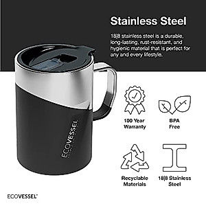 EcoVessel TRANSIT Stainless Steel Travel Mug/Coffee Mug with Slider Lid & Ergonomic Handle, Tumbler With Handle Insulated Coffee Mug - 12oz (Grey Smoke)