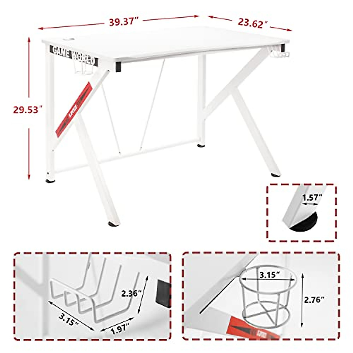 LYNSLIM Gaming Desk 39 Inch – Computer Deak for Home, K Shaped PC Gaming Table, Ergonomic Gamer Desk with Headphone Hook, Cup Holder and Cable Management (White)