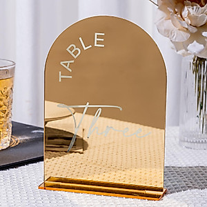 20 pcs Gold Mirror Wedding Table Numbers with Stands 1-20, 5x7 inch Acrylic Arch Signs and Holders, Table Number for Wedding Reception, Restaurant, Party, Event (Gold Mirror Table Number1-20, 5"x7")