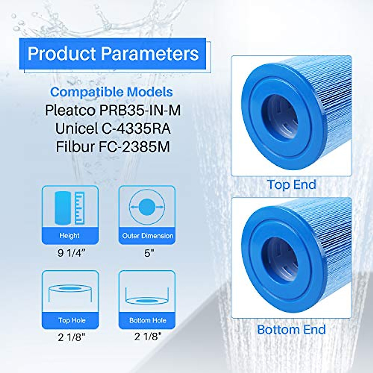 POOLPURE Antimicrobial Spa Filter Replaces Pleatco PRB35-IN-M, Unicel C-4335RA, Guardian 409-219, Filbur FC-2385M, 03FIL1300, 17-2482, 25393, 303557, 817-3501, 5 X 9 Drop in Hot Tub Filter, 1 Pack