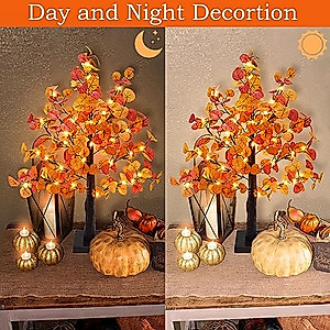 Agusbagli 24 Inch Artificial Fall Lighted Eucalyptus Tree Decor, 55 LED Battery Operated Fall Light Up Tabletop Tree with Timer for Indoor Home Wedding Harvest Fall Autumn Thanksgiving Decorations