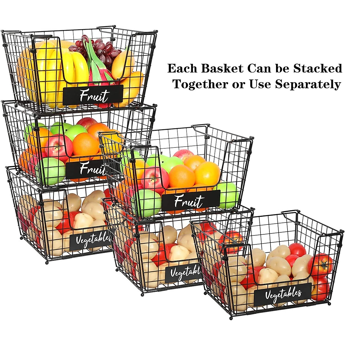 3 Tier Foldable Wire Basket XXXL Size, Stackable Fruit Vegetable Storage Basket with Name Plate Standing Metal Mesh Bin Organizer for Kitchen Counter Pantry Cabinet 14.1''L x 12.5''W x 23.6''H