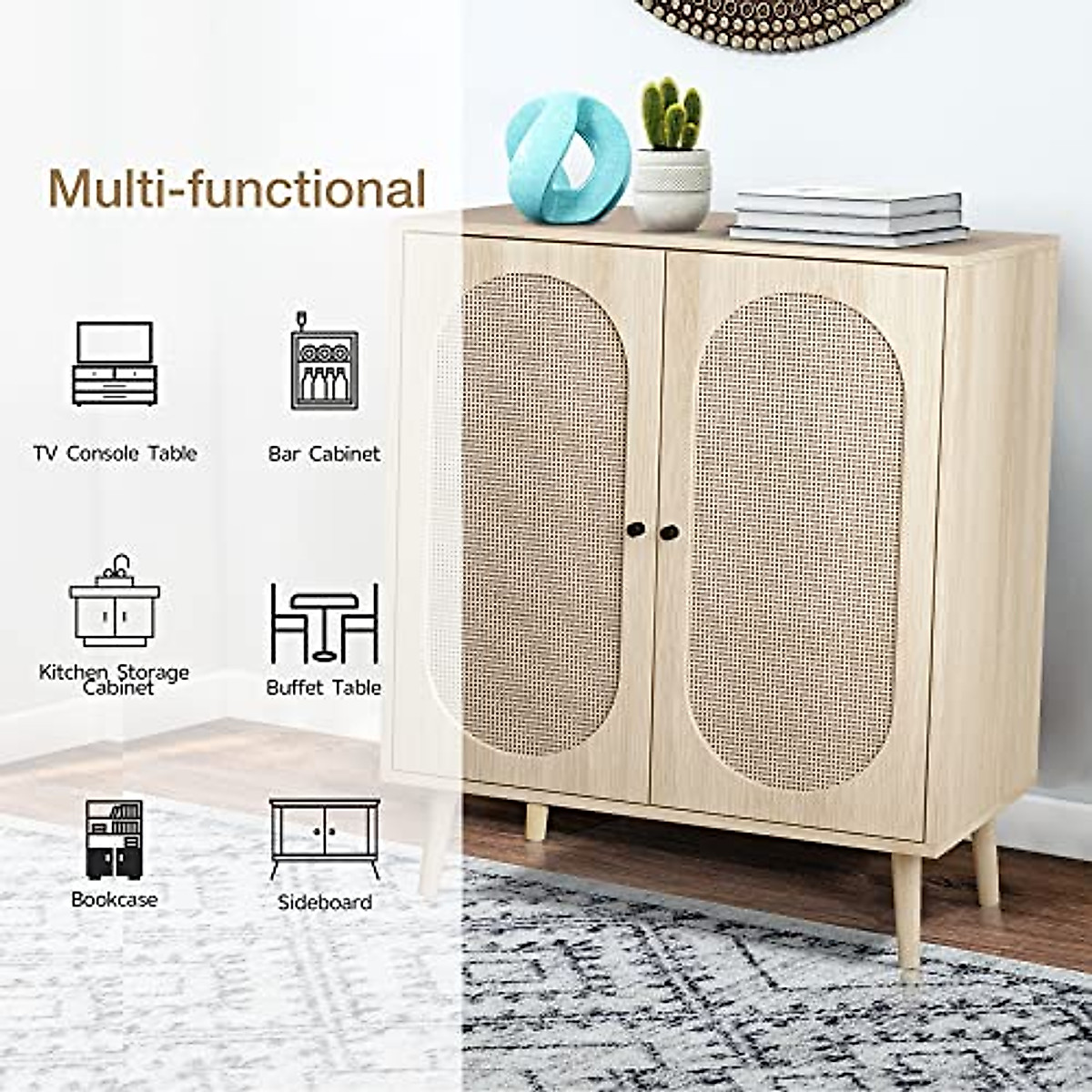 QHITTY Rattan Sideboard Buffet Cabinet, Accent Kitchen Storage Cabinet Console Table with Adjustable Shelves for Living Room, Dining Room, Bedroom (Natural)