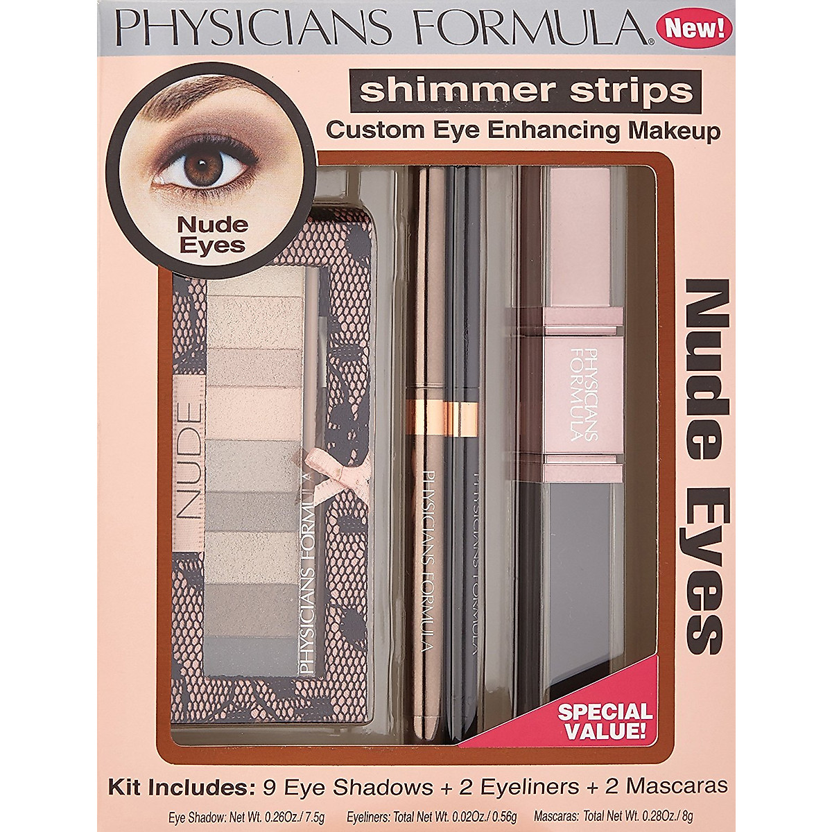Physicians Formula Shimmer Strips Custom Eye Enhancing Kit with Eyeshadow, Eyeliner & Mascara, Nude