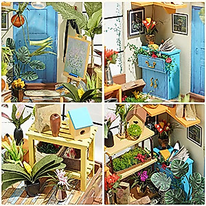 ROBOTIME DIY Dollhouse Wooden Miniature Furniture Kit Mini Green House with LED Best Birthday Gifts