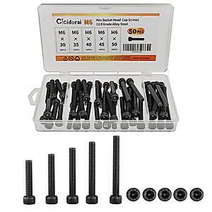 Cicidorai M6 x 30mm 35mm 40mm 45mm 50mm Hex Socket Head Cap Screws Bolts, 12.9 Grade Alloy Steel, Black Oxide Finish, Fully Threaded, Metric Allen Hex Drive, Assortment Kit 50Pcs