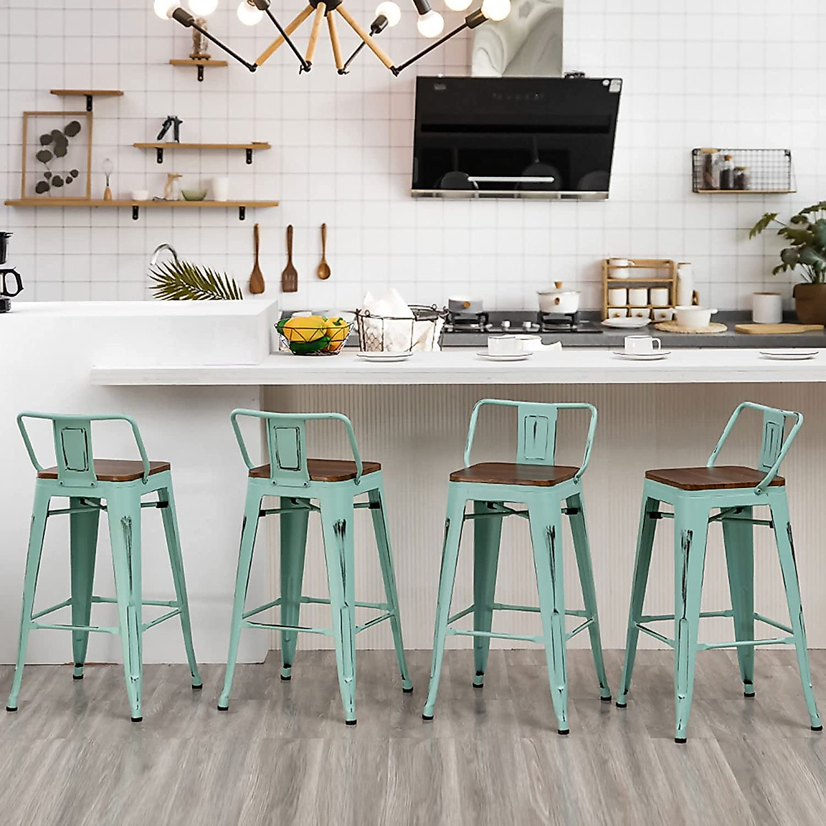 Andeworld Bar Stools Set of 4 Counter Height Stools Industrial Metal Barstools with Wooden Seats(24 Inch, Distressed Green Blue)