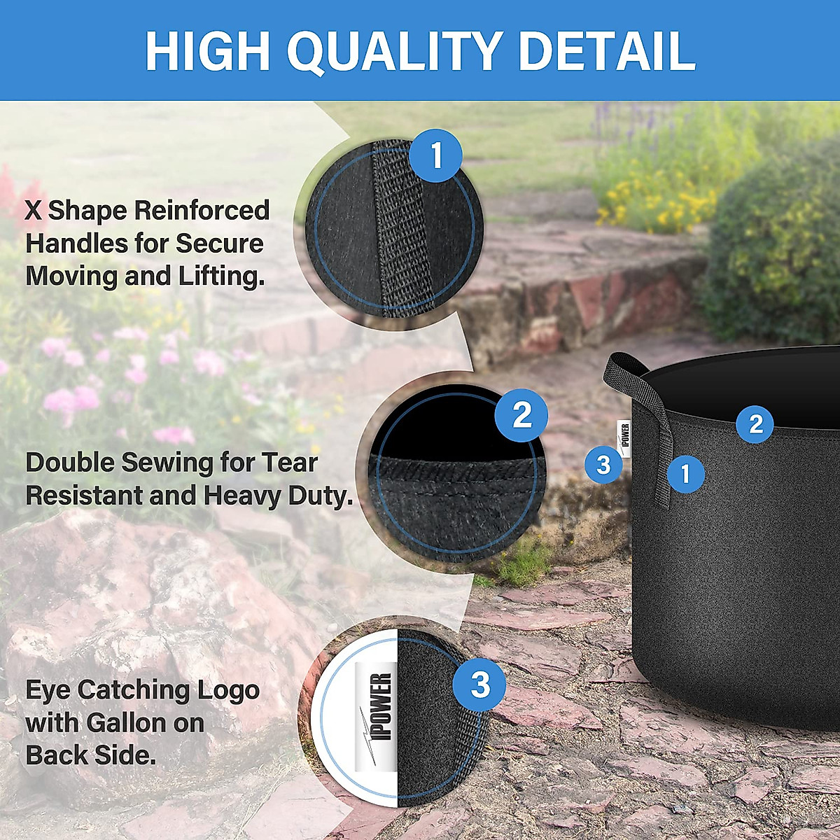 iPower 20 Gallon (Pack of 5) Plant Grow Bags Thickened Nonwoven Aeration Fabric Pots Heavy Duty Durable Container, Strap Handles for Garden, Black