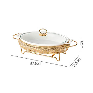 HONHPD 3 Piece Set Stainless Steel Oval Chafing Dish Buffet Set, Ceramic Marble Finish Chafer with Glass Lid, Chafer and Buffet Warmer Set for Buffet Weddings Parties Banquets, Golden