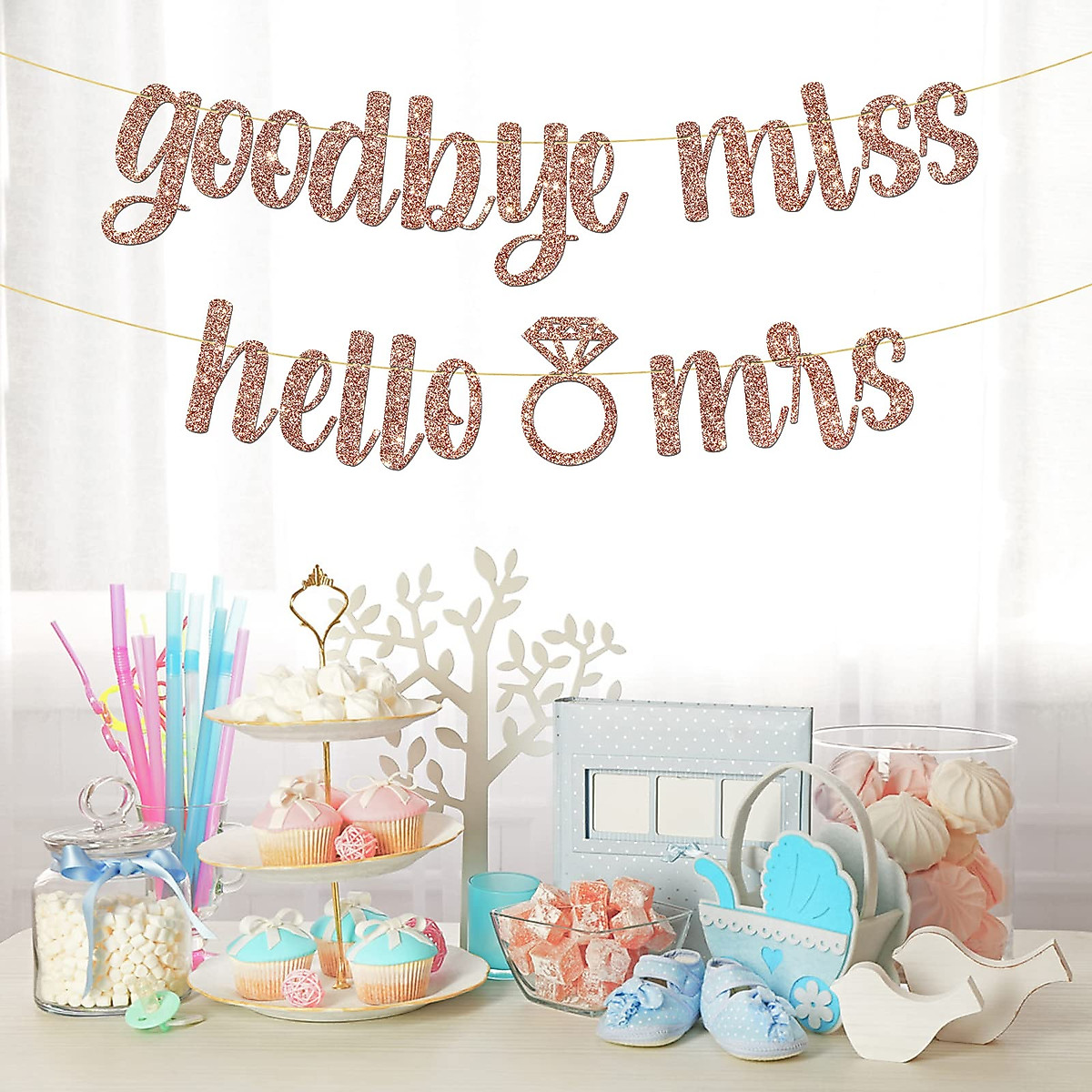 Belrew Goodbye Miss Hell Mrs Banner, Engagement Party Decor, Bridal Shower, Wedding Bride to Be Party Decoration Supplies, Glittery Rose Gold