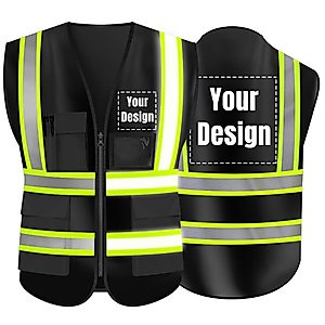 YOWESHOP High Visibility Reflective Safety Vest Customize Logo With 5 Pockets Hi Vis Vest Outdoor Protective Workwear (Black - green webbing (L))