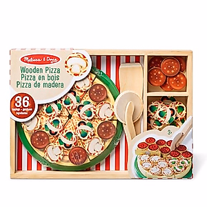 Melissa & Doug Wooden Pizza Play Food Set With 36 Toppings - Pretend Food And Pizza Cutter/ Toy For Kids Ages 3+