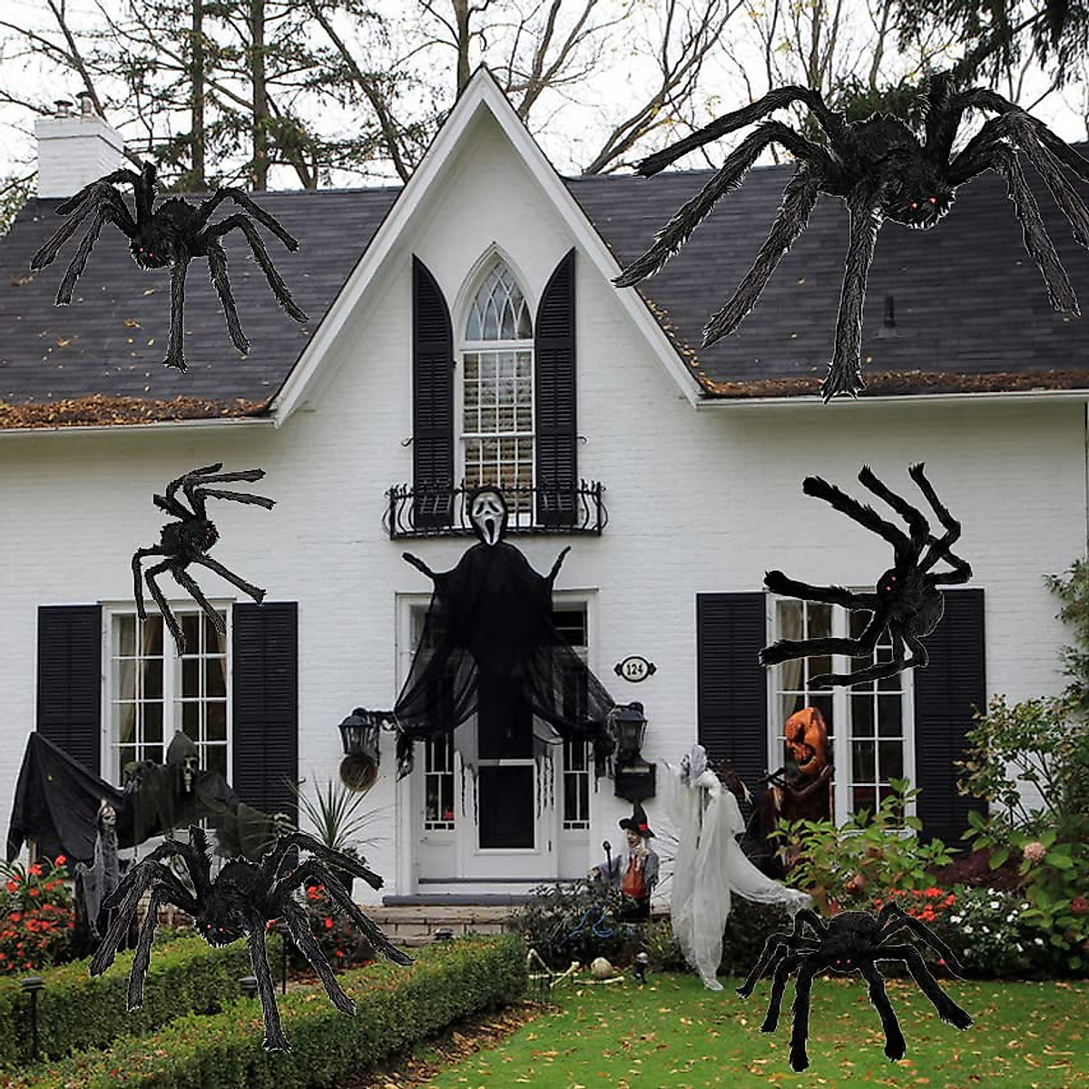 9PCS Giant Spider Outdoor Halloween Decorations Realistic Large Scary Spider Props Scary Giant Spider Halloween Decorations for Outside Yard Garden Lawn Party (9 PCS Giant Spider)