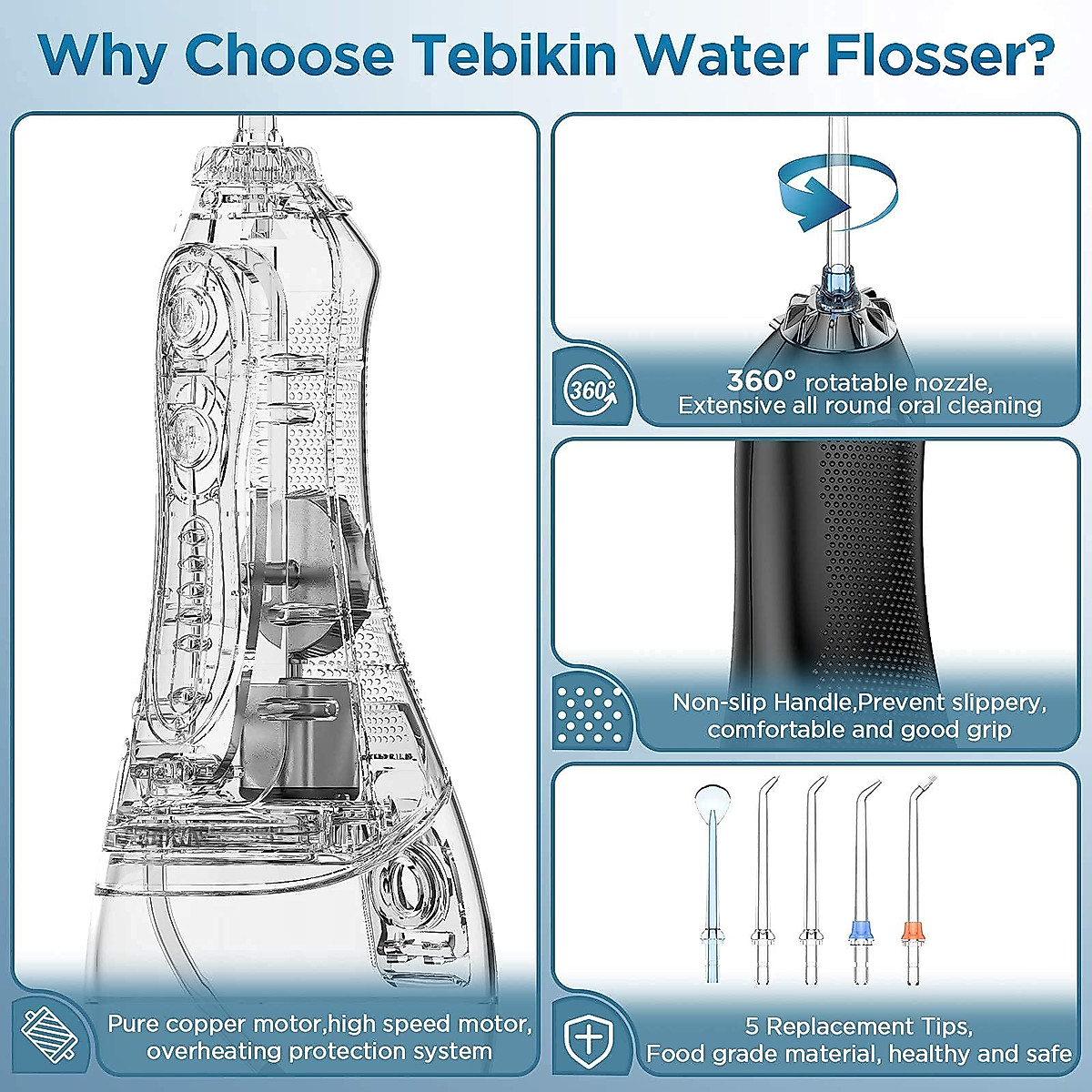 TEBIKIN Cordless Water Flosser Portable Dental Professional Oral Irrigator with Gravity Ball Powerful Travel Water Teeth Cleaner with 5 Levels 5 Tips IPX7 Waterproof 300ML for Home Travel