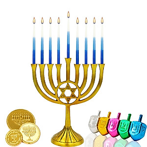 The Dreidel Company Deluxe Tapered Hanukkah Menorah Tri Color Blue, Blue, and White, Candles for All 8 Nights of Chanukah (Single)