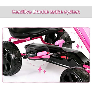 Costzon Pedal Go Kart for Kids, 4 Wheels Pedal Powered Ride on Toy, Outdoor Racer Children's Foot on Riding Car w/Adjustable Seat, Rubber Tires & 2 Brakes for Boys & Girls Age 3 to 8 (Pink)