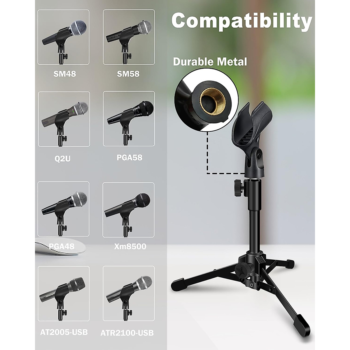 Mictop 2 Pack Desktop Mic Stand, Portable Foldable Tripod with Mic Clip Holder, Adjustable Microphone Stand For Dynamic Microphone.