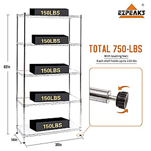 EZPEAKS Chrome 5-Shelf Shelving Unit with Shelf Liners Set of 5, Adjustable, Steel Wire Shelves, 150lbs Loading Capacity Per Shelf, Shelving Units and Storage for Kitchen and Garage (30W x 14D x 60H)