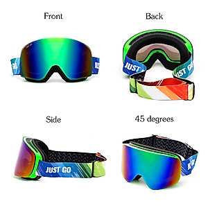 JUST GO Ski Goggles for Skiing Dual-Layer Anti-Fog 100% UV Protection lens Snowboard Goggles, Green Frame/Green Revo Lens (VLT 23.8%)