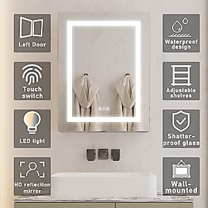 MIRPLUS 20 X 28 inch Bathroom Medicine Cabinet with Mirror Wall Mounted LED Bathroom Mirror Cabinet with Lights Cold White Light Inductive Switch Adjustable Storage Shelves (Single Door/Left Hinge)