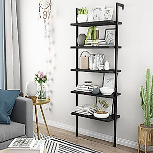 Lamerge Wall-Mounted Ladder Shelf,Industrial 5 Tier Bookcase with Metal Frame, Plant Flower Stand Display Storage Organizer Shelves,Open Bookshelf for Home Office,Black+Black