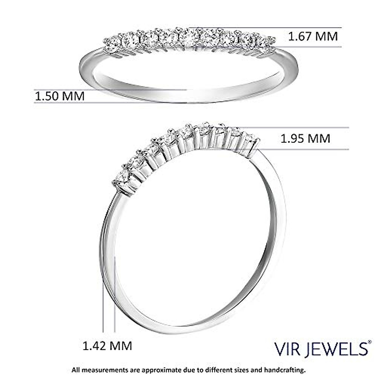 VIR JEWELS 1/5 cttw Round Diamond Wedding Band for Women in 14K White Gold 9 Stones Prong Set, Size 9.5