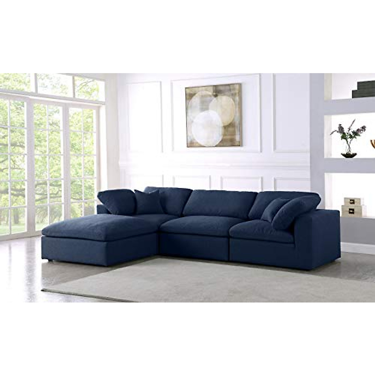 Meridian Furniture Serene Collection Modern | Contemporary Deluxe Comfort Modular Sectional, Soft Linen Textured Fabric, Down Cushions, 2 Corner + 1 Armless + 1 Ottoman, Navy