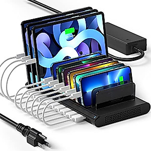 Alxum USB Charging Station, Fast 120W 10 Port Phone Tablet Charging Station for Multiple Devices with Type C/2 QC 3.0 Port for iPad/iPhone/Galaxy/Kindle/Fire, Devices Organizer, UL Certified, Black