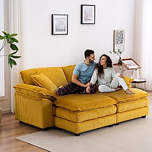 ONEMMLION 84.6" Modular Sectional Sofa Oversized Loveseat, Modern Upholstered Cloud Couch with 2 Ottoman, Comfy Corduroy Deep Seat Sleeper Sofa for Living Room, Small Space, Yellow