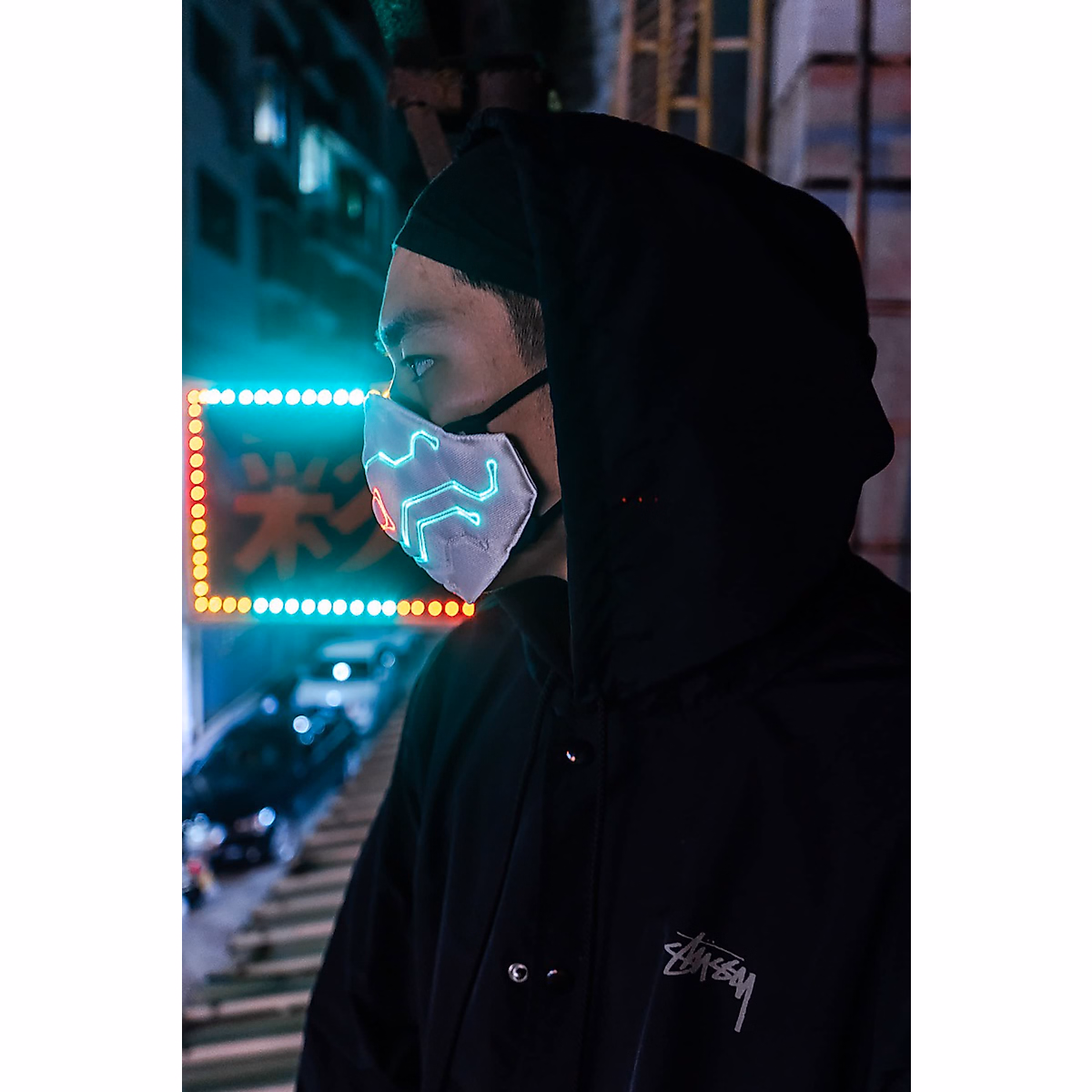 nezababy LED Cool Face Mask Anime Light Up Mask, Voice Activated USB Rechargeable Smart Mask for Halloween Party Christmas Carnival (White), 15 * 23cm