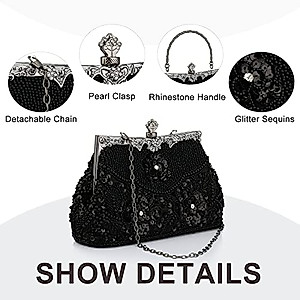Rkrouco 1920s Vintage Beaded Clutch Evening Bags Pearl Flapper Handbag for Women Wedding Party（black）