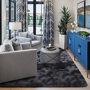 SOANNY Dark Grey Area Rugs for Living Room Bedroom, 4x6 ft Tie-Dyed Shag Lounge Carpet, Fluffy Plush Soft Throw Rug for Kids Room Nursery Indoor Furry Floor Carpets Home Decor