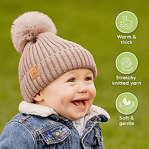 2-Pack Baby Hats for Girls, Boys - Stretchy Baby Beanies, Cute Newborn & Toddler Winter Hat, Soft & Warm Pom Pom Beanie for Infant, Toddler, Boys, Girls 6-36 Months (Fawn, M)