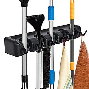BonyandPo Broom and Mop Holder Wall Mounted - Heavy Duty Broom Holder Organizer with 2 Hooks and Screwdriver - Ideal for Cleaning Supplies Storage In Broom Closet or Over the Door (Black)