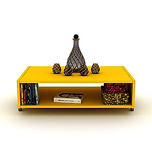 HT Design Kipp Cross Legs Wooden Frame Rectengular Coffee Table for Living Rooms with Interior Shelving, Walnut/Yellow