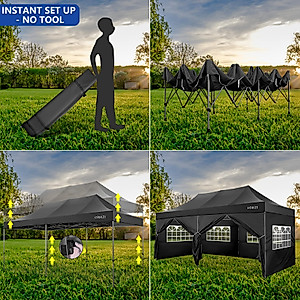 COBIZI 10x20 Heavy Duty Pop up Canopy Tent with 6 sidewalls Easy Up Commercial Outdoor Canopy Wedding Party Tents for Parties All Season Wind & Waterproof Gazebo with Roller Bag,Black(Frame Thickened)