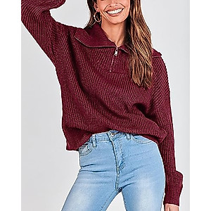 KIRUNDO Women's 2023 Fall Winter Long Sleeve Quarter Zip Pullover Casual V Neck Ribbed Knit Sweaters Jumper Tops(Wine Red, Medium)
