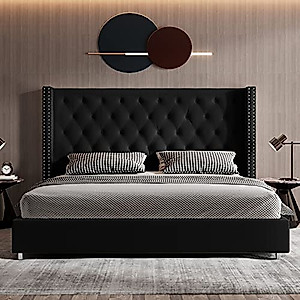 Jocisland King Bed Frame Upholstered Bed Wingback Headboard Velvet Tufted Diamond Button/No Box Spring Needed/Easy Assembly/Black