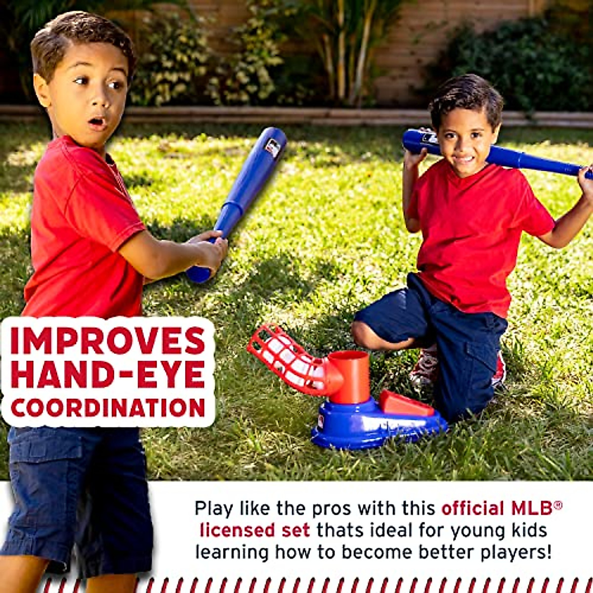 Franklin Sports Kids Baseball Pitching Machine - Pop A Pitch Baseball Batting Machine with Youth Bat + 3 Plastic Baseballs - Boys + Girls Baseball Toy,Red/Blue