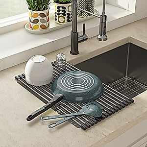 Lordear Black Roll Up Dish Drying Rack Foldable Over The Sink Dish Rack Anti-Slip Silicone Coated Steel Dish Drainer for Kitchen Counter Roll Up Sink Drying Rack, 19.53"x10.75"