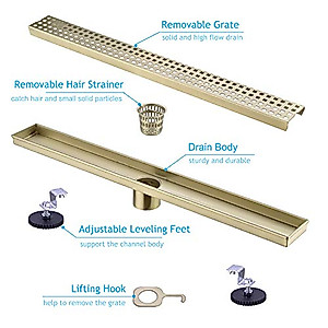 Nicmondo Linear Shower Drain 24 Inch, Bathroom Rectangular Floor Drain with Removable Cover Grid Grate, Adjustable Leveling Feet, Hair Strainer, SUS304 Stainless Steel Trench Drains, Brushed Gold