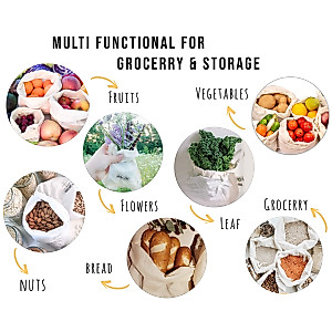 Muslin Produce Bags - Organic Cotton Produce Bags - Cloth Grain Bags - Cloth Vegetable Bags - Cloth Bread Bags - Vegetable Bag Cloth - Produce Bag, Cotton Vegetable Bag Set of 7 (XXL, XL, L, M, S, XS)